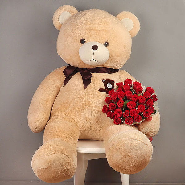 Huge Teddy Bear with 30 Red Roses Bunch - Manipalflora